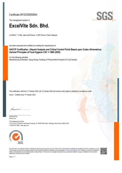 Certifications | ExcelVite - Advancing Palm Nutraceutical Science